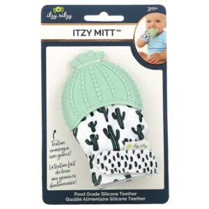 itzy ritzy silicone teething mitt - soothing infant teething mitten with adjustable strap, crinkle sound & textured silicone to soothe sore & swollen gums - baby teething toy for 3 mos & up, cactus