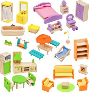 pidoko kids dollhouse furniture -fully furnished bundle set - (42 pcs for 5 rooms) - wooden toys