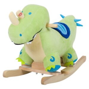 qaba kids plush ride-on rocking horse toy dinosaur ride on rocker green with realistic sounds