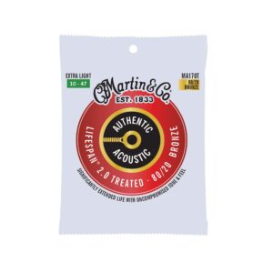 martin authentic acoustic guitar strings, lifespan 2.0 treated, extra light, 80/20 bronze