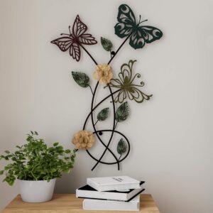 lavish home garden metal wall art hand painted 3d butterflies/flowers for modern farmhouse rustic home or office decor, (l) 15" x (w) 2" x (h) 24", multi-color