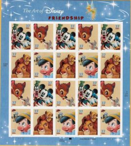 usps the art of disney friendship, (goofy, mickey mouse, donald duck, bambi, thumper, mufasa, simba, jiminy cricket, pinocchio) (sheet of 20) 37 cent postage stamps 2004 scott #3865-3868