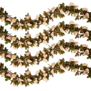 pauwer 6pcs(44.3ft) artificial rose vine silk flower garland hanging fake roses flowers plants for home garden office hotel wedding party decor, champagne