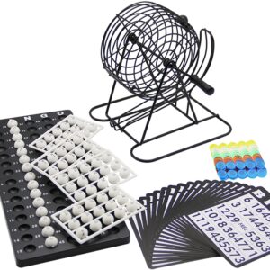 lulu home bingo game set , 8 inch metal bingo cage include 3/5 inch white balls, bingo chips, bingo board, 18 bingo cards, black