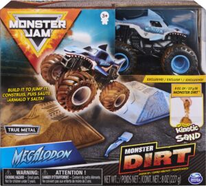 monster jam, megalodon monster dirt starter set, featuring 8oz of monster dirt and official 1:64 scale die-cast monster jam truck