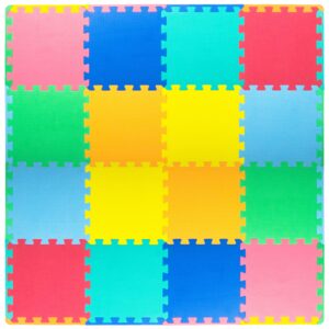 prosource foam puzzle floor play mat for kids and babies with solid colors, 36 or 16 interlocking tiles with borders, assorted