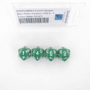 green opaque dice with white numbers d20 0 - 9 twice 16mm (5/8in) set of 4 wondertrail