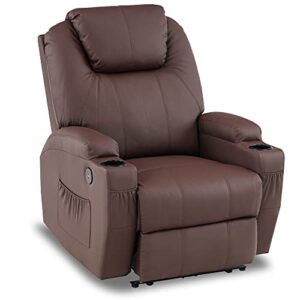 mcombo electric power recliner chair with heat and vibration, footrest extended, usb charge ports, 2 side pockets and cup holders, faux leather 7050 (light brown)