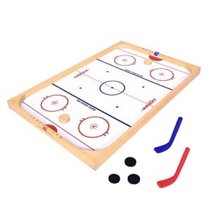 gosports ice pucky wooden tabletop hockey game for kids & adults - includes 1 game board, 2 hockey sticks & 3 pucks