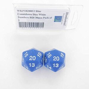 blue countdown dice with white numbers d20 30mm (1.18in) pack of 2 wondertrail