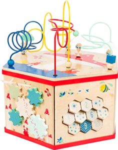 wooden activity cube xl size by small foot – classic 7-sided interactive toy with bead maze, puzzle, shape sorter, clock & wheels - develops kids dexterity, motor skills – age 12+ months