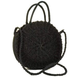 women straw crossbody bag weave shoulder bags round summer beach purse handbags (black) one size