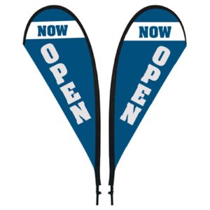 bannerbuzz now open teardrop flag, 2.5' x 5.42' | 9 ft long, double side printed business advertising flag, graphic with hardware includes aluminum flag pole & ground spike base (theme 2)