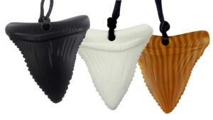 mommy's touch shark tooth silicone teething necklaces - sensory chew toys for special needs kids & aggressive chewers - soothing, calming teethers for toddlers - black, white & wood design - 3-pack