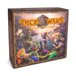 wiz dice - dice wars: heroes of polyhedra - tabletop strategy board game for 2-4 players with illustrated cards, miscellaneous dice set and a large modular hex grid - ages 14 and up - 11 x 10 x 4