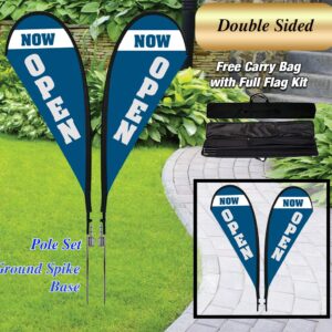 BannerBuzz Now Open Teardrop Flag, 2.5' X 5.42' | 9 Ft Long, Double Side Printed Business Advertising Flag, Graphic with Hardware Includes Aluminum Flag Pole & Ground Spike Base (Theme 2)