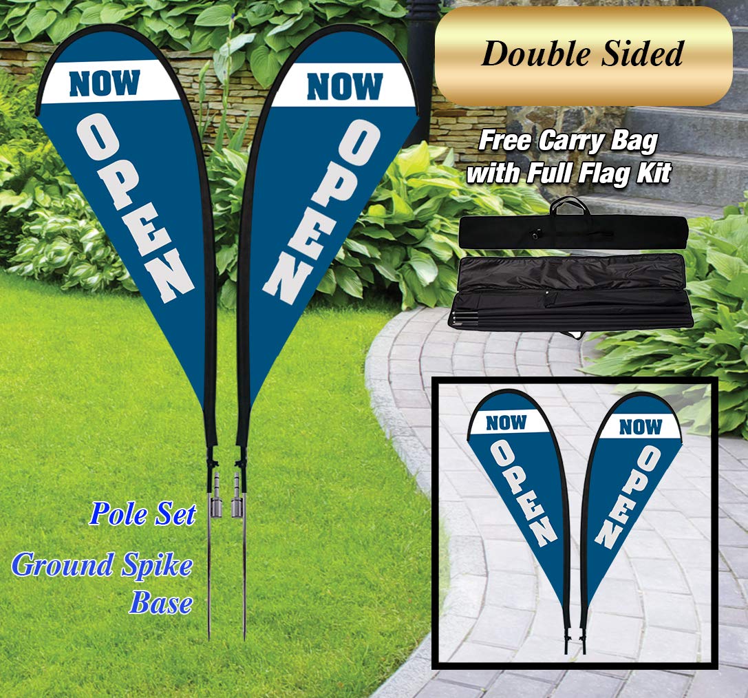 BannerBuzz Now Open Teardrop Flag, 2.5' X 5.42' | 9 Ft Long, Double Side Printed Business Advertising Flag, Graphic with Hardware Includes Aluminum Flag Pole & Ground Spike Base (Theme 2)