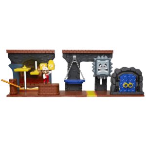 super mario world of nintendo super mario dungeon deluxe play set,includes: 2.5” fire mario figure&7 interactive environmentpiece moving platforms & thwomp,spinning fire balls,hidden coin,swing&door