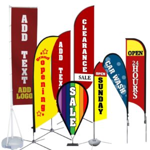 BannerBuzz Now Open Teardrop Flag, 2.5' X 5.42' | 9 Ft Long, Double Side Printed Business Advertising Flag, Graphic with Hardware Includes Aluminum Flag Pole & Ground Spike Base (Theme 2)