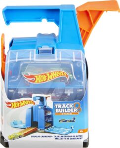 hot wheels toy car track set, display launcher & 2 1:64 scale vehicles, visible storage for 6 cars toy cars, connects to track