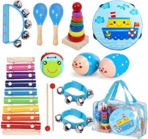 kids musical instruments sets, 12pcs wooden percussion instruments toys tambourine xylophone for kids playing preschool education, early learning musical toys for boys and girls gift