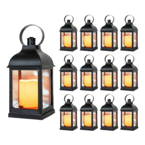 just in time for winter {12 pc set} 10" decorative lanterns with flameless led lighted candle, 5 hr timer, antique look indoor outdoor home, garden, weddings - black. includes bonus string lights!