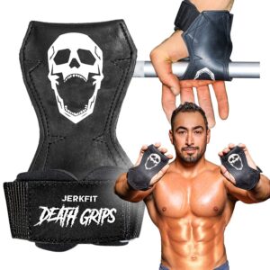 jerkfit death grips, lifting straps for deadlifts, pull ups, and heavy shrugs, with padded support, palm protection & increased grip for heavy pull lifts (large)