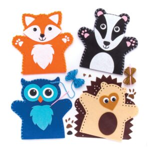 baker ross ar637 woodland animal hand puppet sewing kits (pack of 4) for kids arts and crafts