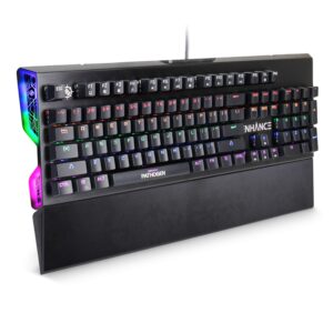 enhance pathogen gaming keyboard - blue switch mechanical keyboard with fast 0.2ms polling, water & dust resistant, nkro & anti-ghosting, removable wrist rest, ergonomic keyboard rainbow led 9 effects