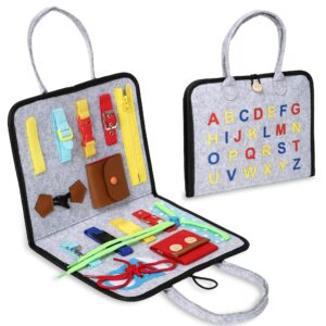 busy board for toddlers 1-6, montessori sensory toy for develop basic skills, dress and alphabet spell cognition latch buckle learning games, great airplane and carseat travel gift for boys and girls