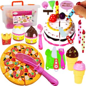 funerica play food goodies set with storage box - features cutting pizza, ice cream, toy birthday cake, fries, dessert – pretend kitchen toys for toddlers, boys, girls