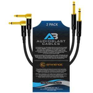 audioblast - 2 units - 8 inch - hq-1 - ultra flexible - dual shielded (100%) - guitar instrument effects pedal patch cable w/ eminence straight & angled gold ¼ inch (6.35mm) ts plugs & double boots