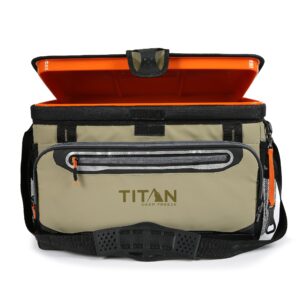 titan by arctic zone deep freeze cooler - 48 can zipperless hardbody cooler - deep freeze insulation, hardbody liner, and smartshelf - moss