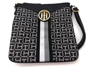 tommy hilfiger women's monogram jacquard xbody 2 crossbody handbag black/gray