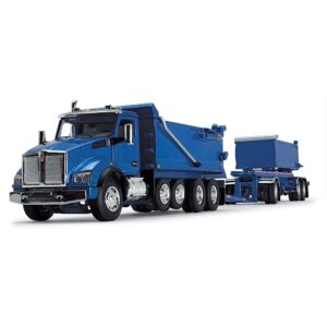 kenworth t880 quad-axle dump truck and rogue transfer tandem-axle dump trailer surf blue metallic 1/64 diecast model by dcp/first gear 60-1277