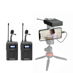 wireless lavalier microphone system for iphone 11 8 x 7 6 camera, boya dual-channel 2 transmitter & 1 receiver for dslr recorder samsung smartphone youtube street interview facebook livesteam vblog