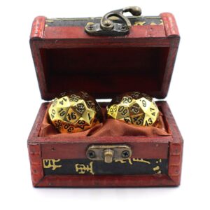 large d60 metal dice with gold treasure chest for role playing games