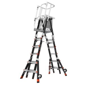 compact cage, 6'-10' model - ansi type iaa - 375 lb rated, fiberglass adjustable enclosed elevated platform with side-tip wheels and ratchet levelers