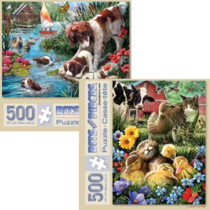 bits and pieces - value set of two (2) 500 piece jigsaw puzzles for adults cat nap, puppy swimming - each puzzle measures 18" x 24" - 500 pc jigsaws by artist larry jones