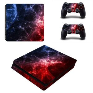 fottcz full body red and blue cosmic nebular protective vinyl skin decal for ps4 slim console and 2pcs controller skins stickers