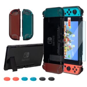 switch dockable case, switch protective case with soft tpu grip case for joy-con, switch tempered glass screen protector and 6 thumb stick caps - black