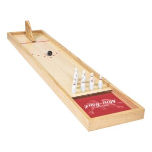 gosports mini wooden tabletop bowling game set for kids & adults - includes 1 bowling alley board, 1 launch ramp, 2 mini bowling balls, 10 pins & dry erase scorecard