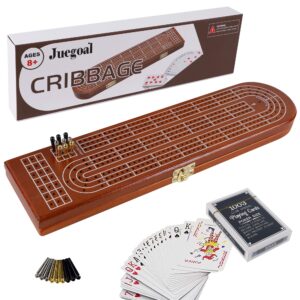 juegoal wood cribbage board game set 3 tracks with metal pegs, cards, storage area