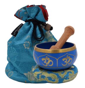 dharmaobjects ~ tibetan om singing bowl set ~ with mallet, brocade cushion & carry bag ~ for meditation, chakra healing, prayer, yoga (om, turquoise)