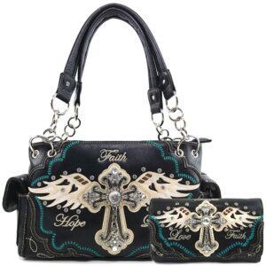 justin west women's concealed carry angel wings cross faith hope love western handbag tote purse (black handbag wallet set)