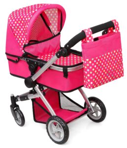 fash n kolor | foldable pram for baby doll with flower design with swiveling wheel adjustable handle bassinet stroller with baby doll, convertible seat, and basket, and free carriage bag