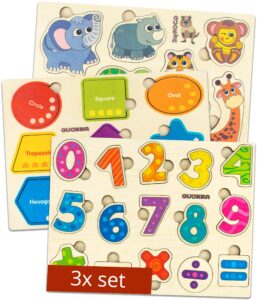 quokka toddler puzzles ages 2-4 – wooden puzzles for kids 1-3-5 year old – learning travel game with numbers animals shapes – wood educational gift for boys and girls