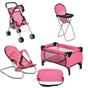 fash n kolor 4 piece doll play set, includes - 1 pack n play. 2 doll stroller 3.doll high chair. 4.infant seat, fits up to 18'' doll (4 piece set)