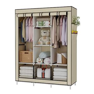 udear portable wardrobe closet clothes organizer no-woven fabric cover with 6 storage shelves, 2 hanging sections and 4 side pockets，beige