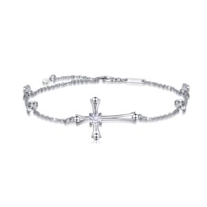 cross ankle bracelet for women, 925 sterling silver charm adjustable foot anklet, large cross bracelet (one cubic zirconia diamond cross)